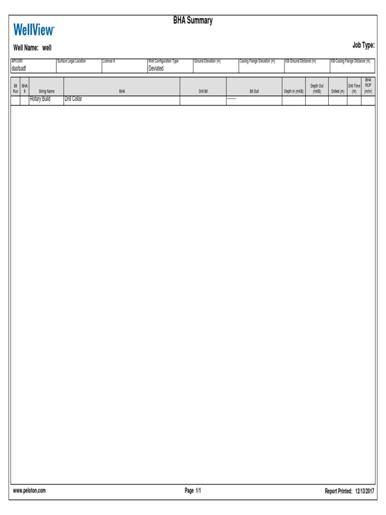 BHA Summary: Well Name: Well Job Type | PDF