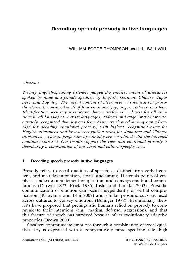 Decoding Speech Prosody in Five Languages | PDF | Facial Expression ...