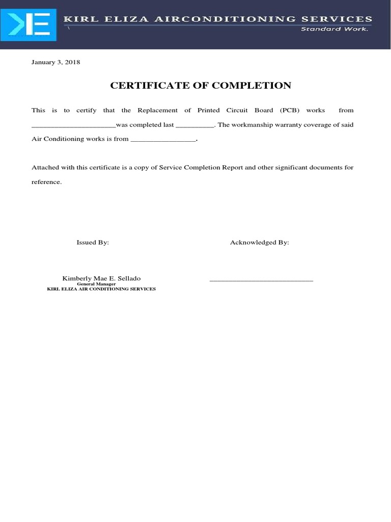 Air Conditioning Service Completion Certificate | PDF | Business ...