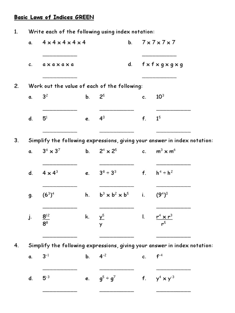 Laws of Indices Worksheet for Grade 7 | PDF | Notation | Teaching ...