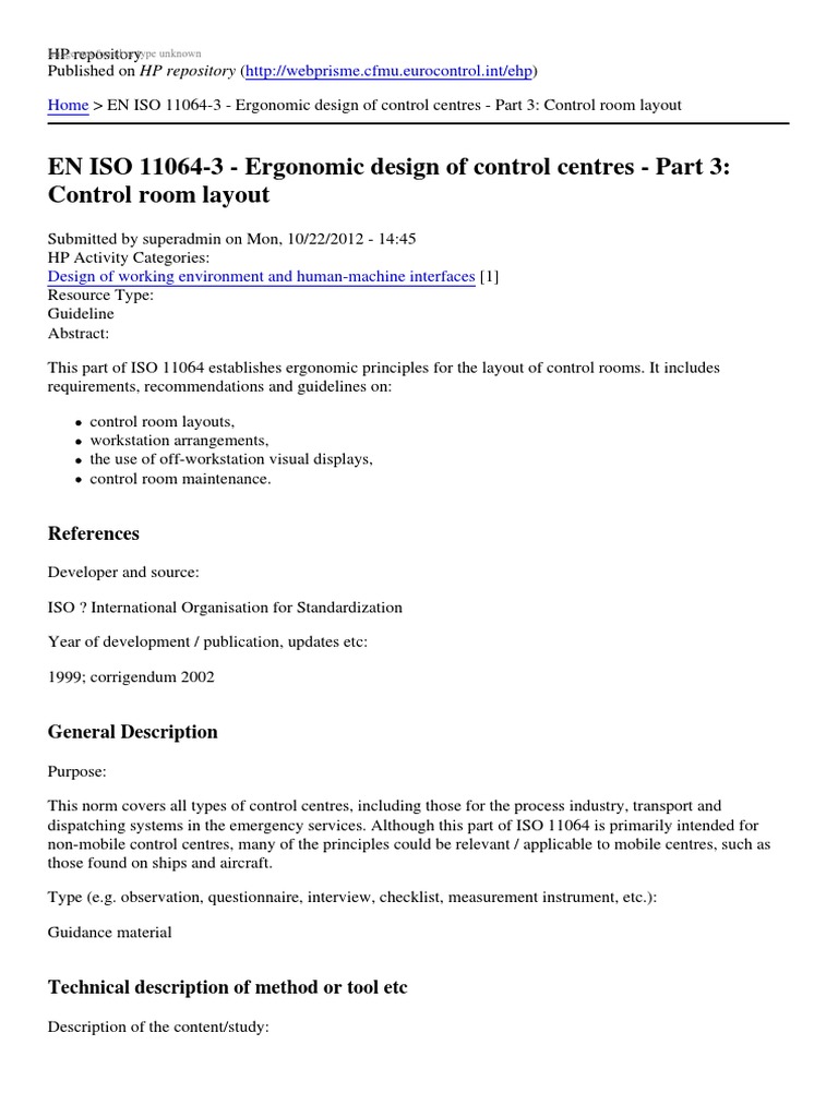 EN ISO 11064-3 - Ergonomic Design of Control Centres - Part 3: Control ...