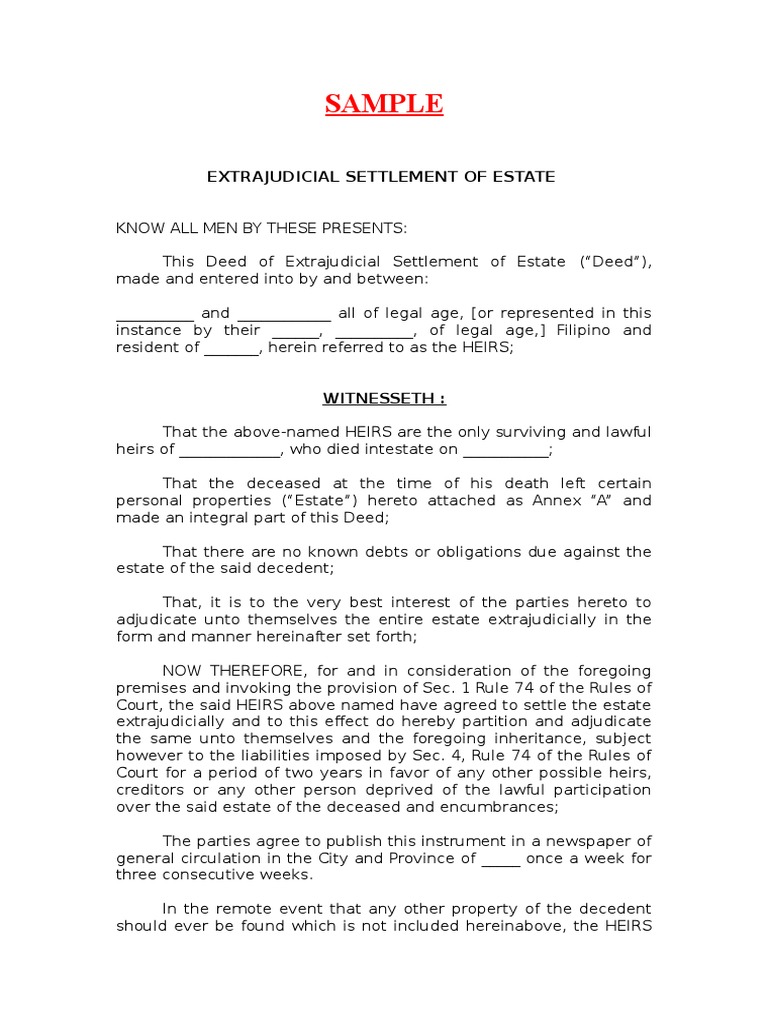 Extrajudicial Settlement of Estate Template | PDF | Inheritance | Deed Extrajudicial Settlement of Estate Template | PDF | Inheritance | Deed