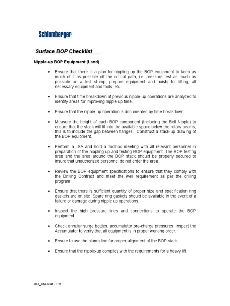 BOP Checklist IPM | PDF | Valve | Elevator