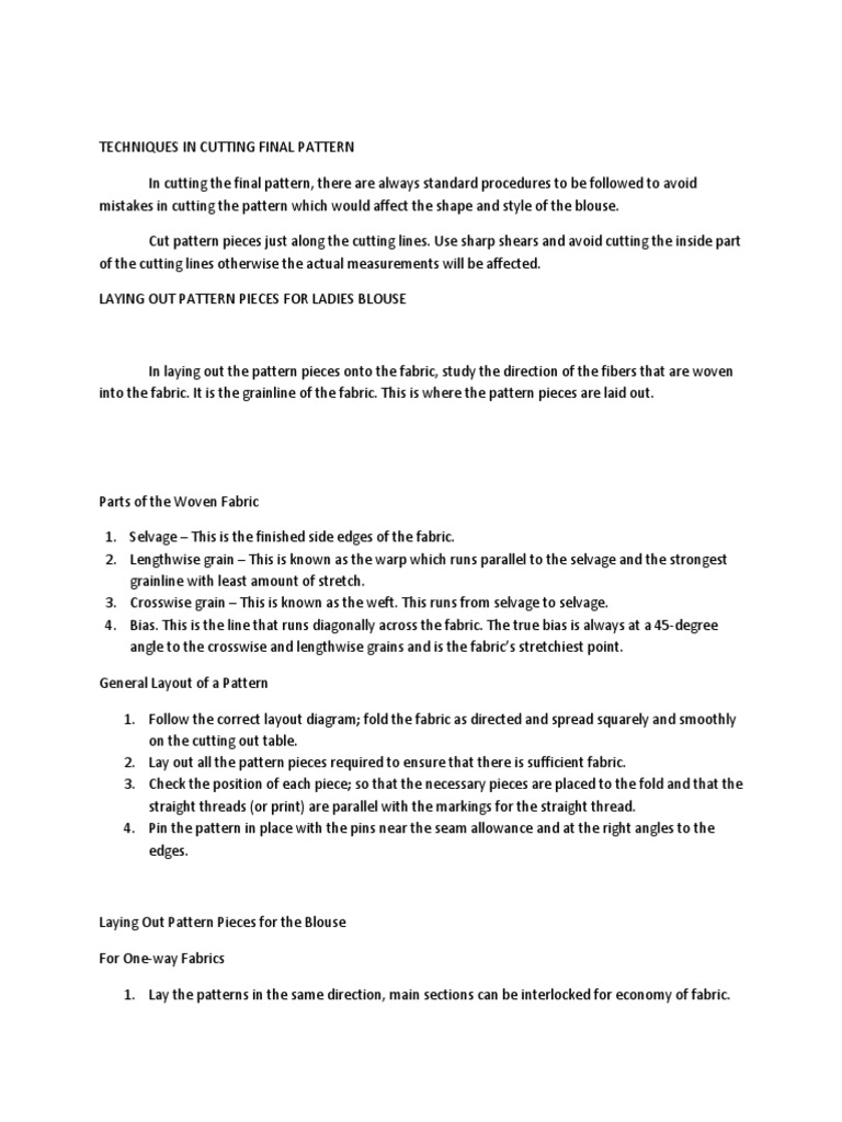 Techniques in Cutting Final Pattern | PDF | Textiles | Textile Arts