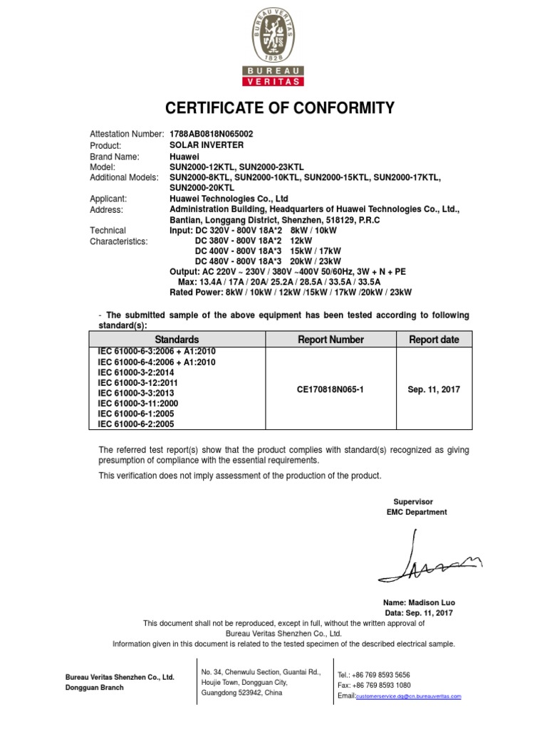 Certificado-Sun2000-8!10!12!15!17 20 23ktl Emc Cert BV en | PDF ...
