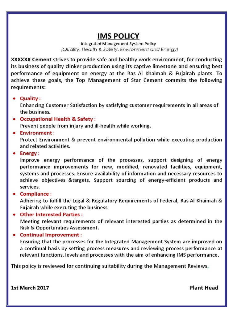 Ims Policy: XXXXXX Cement Strives To Provide Safe and Healthy Work ...