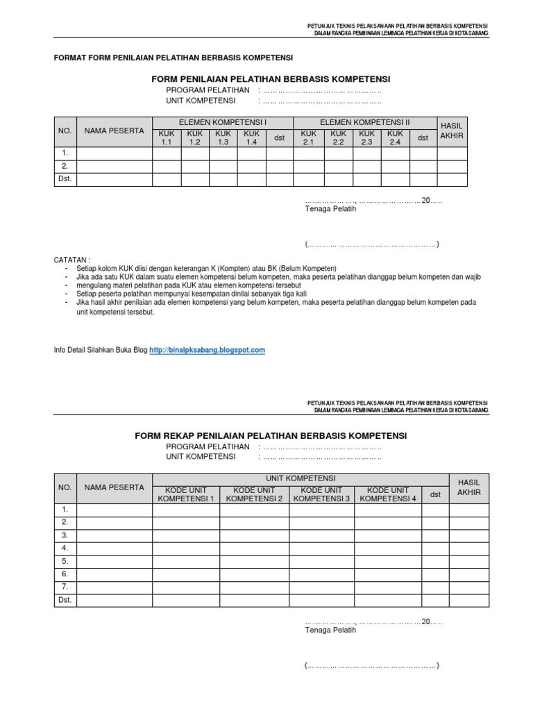 Format Contoh Formulir Penilaian Peserta Pelatihan Berbasis Kompetensi PDF | PDF