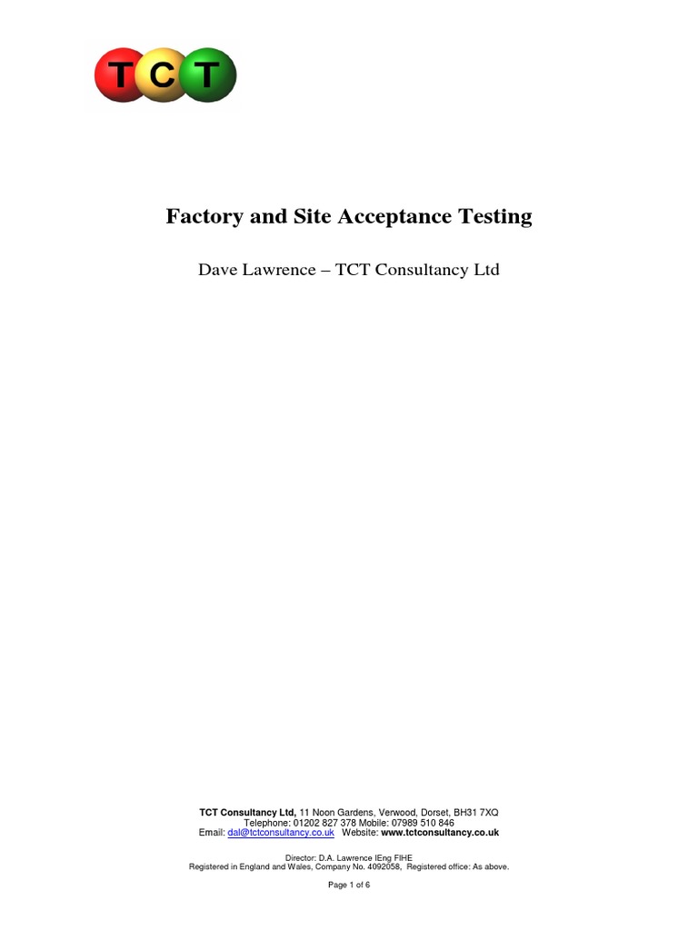 Factory and Site Acceptance Testing Dave Lawrence TCT Consultancy | PDF ...