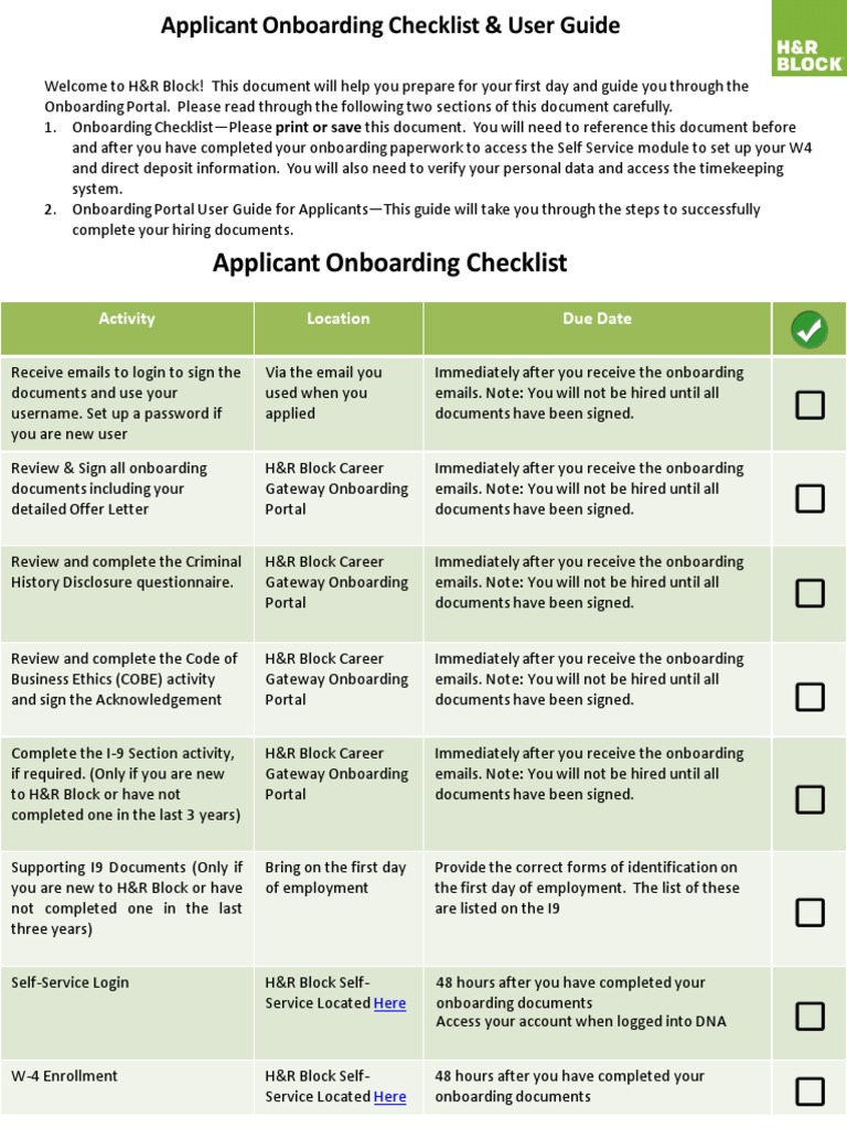 Applicant Onboarding Checklist: Activity Location Due Date | PDF ...