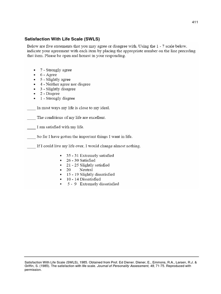 Satisfaction With Life Scale (SWLS) | PDF | Positive Psychology ...