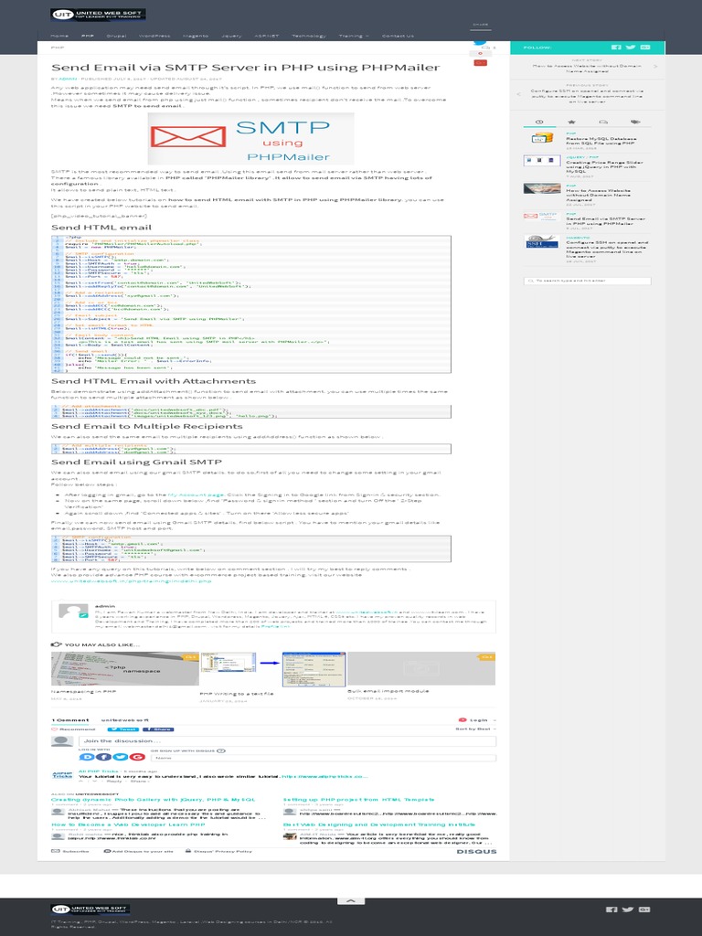 Send Email Via SMTP Server in PHP Using PHPMailer | PDF | Gmail | Php