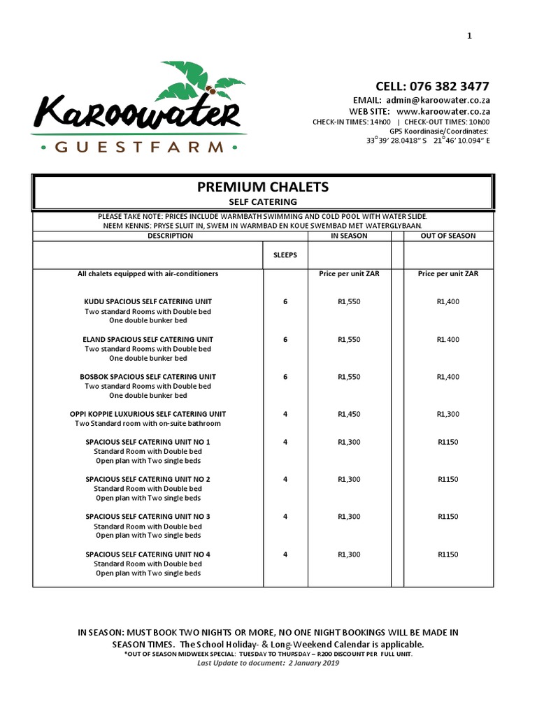 Calitzdorp Spa Chalets Pricing Details | PDF | Outdoor Recreation | Home