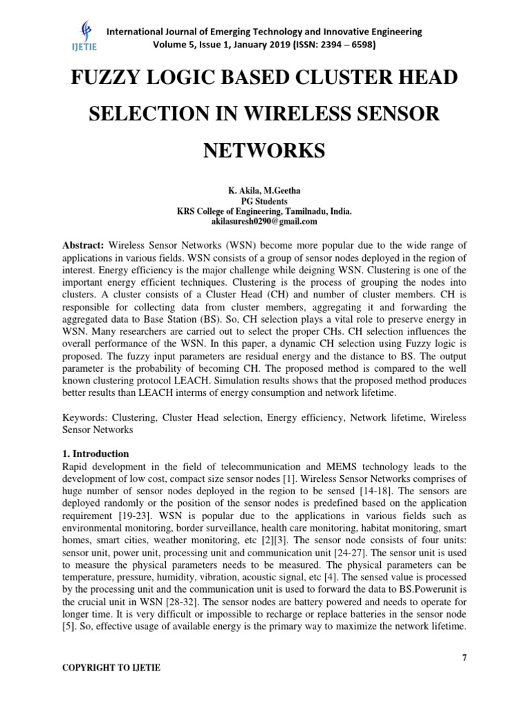 Fuzzy Logic Based Cluster Head Selection in Wireless Sensor Networks | PDF | Wireless Sensor ...