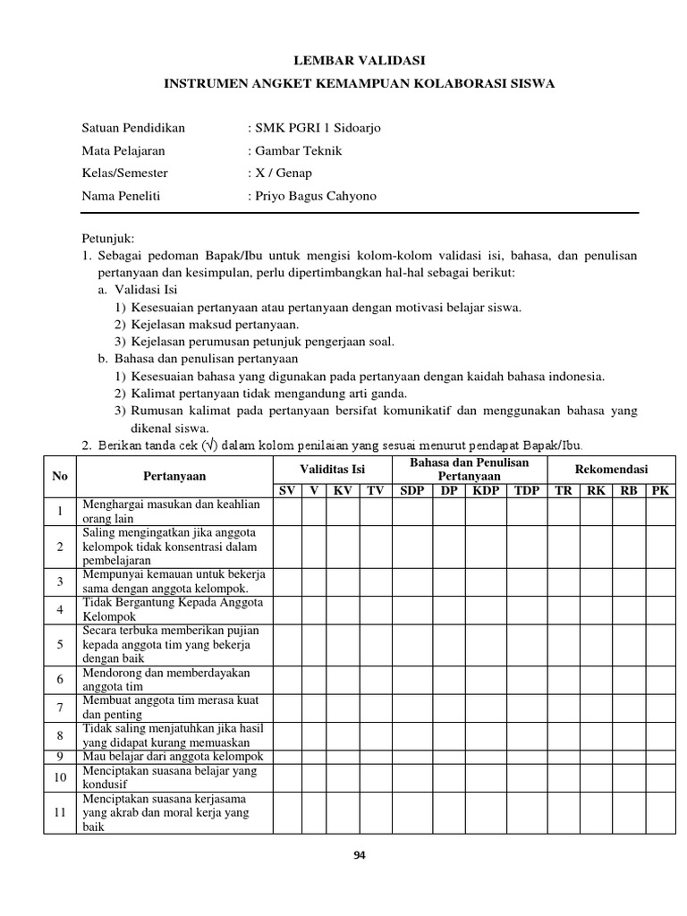 Validasi Angket Keterampilan Kolaborasi | PDF