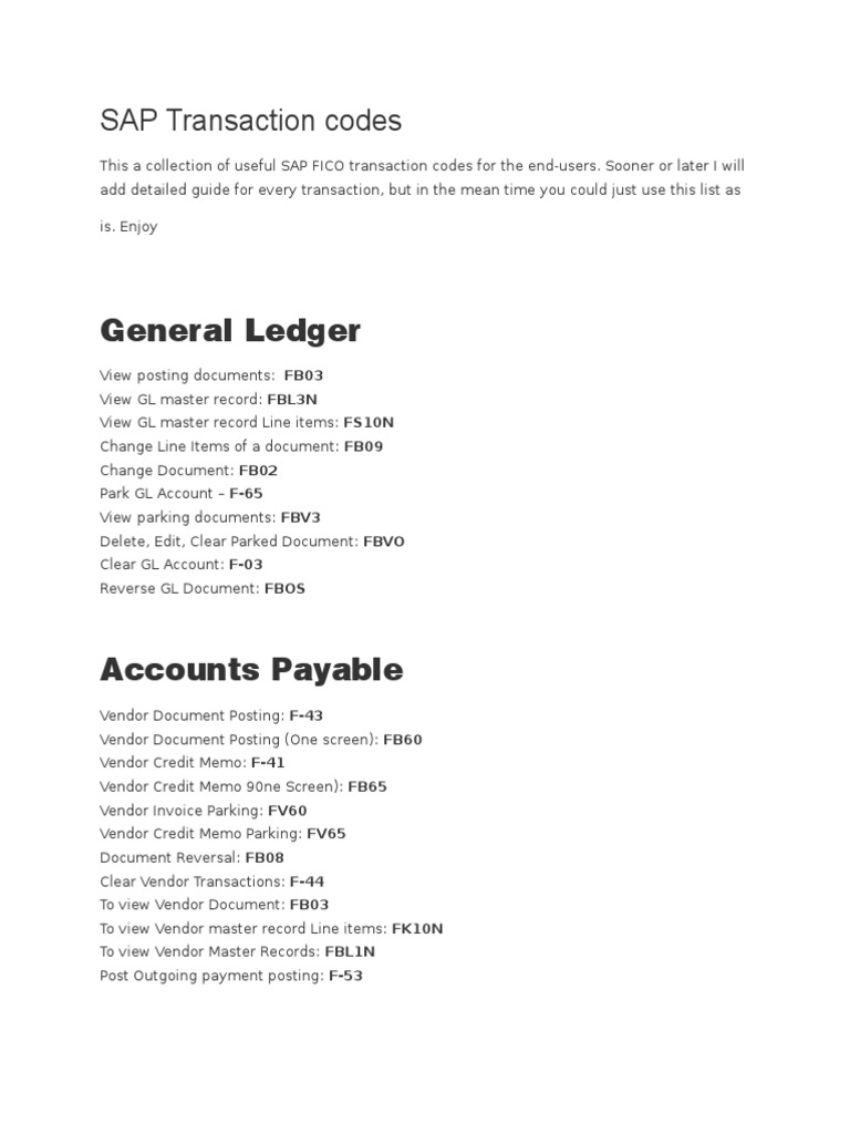 General Ledger: SAP Transaction Codes | PDF