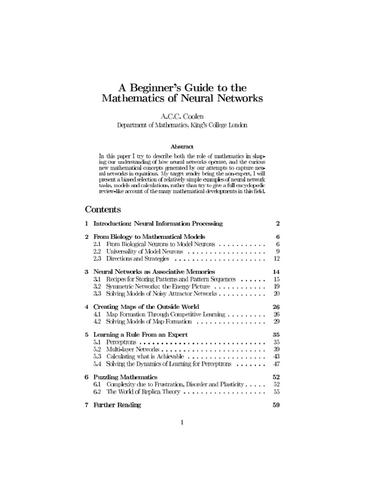 A Beginner's Guide To The Mathematics of Neural Networks | PDF