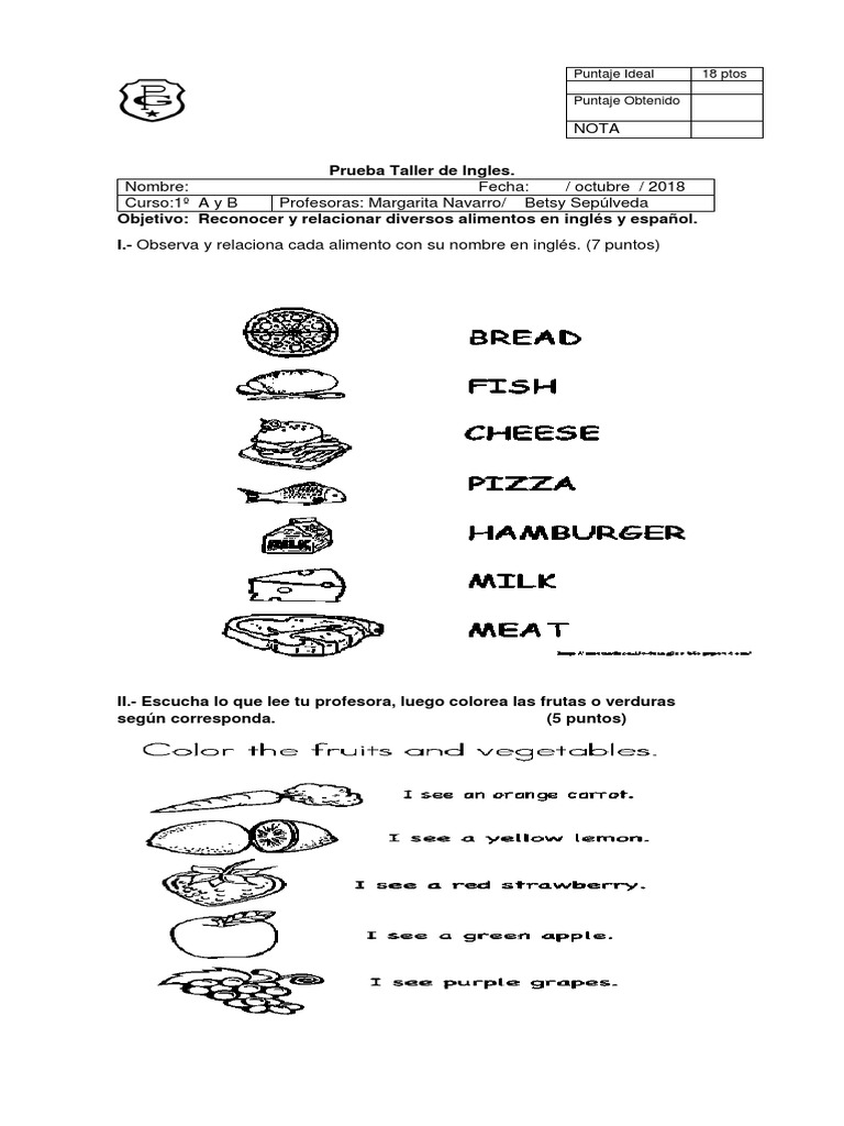 Prueba Ingles Los Alimentos Octubre | PDF