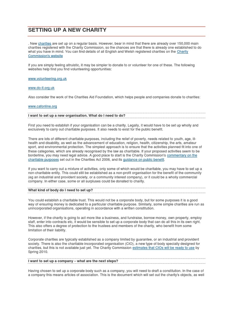 Setting Up A New Charity: Charities Charity Commission's Website | PDF ...