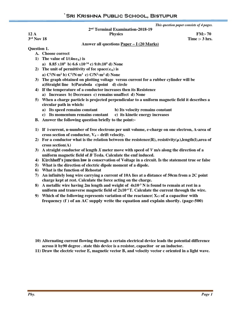 'Sri Krishna Public School, Bistupur: This Question Paper Consists of 4 ...