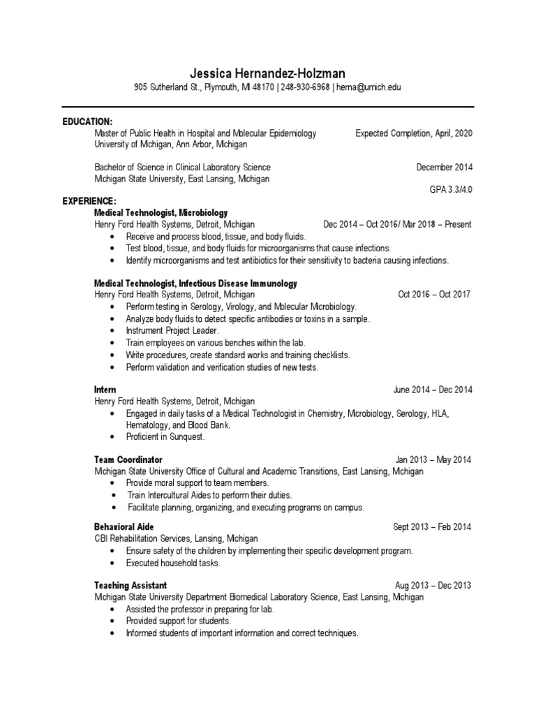 Jessica Hernandez CV 2018 | PDF | University Of Michigan | Infection