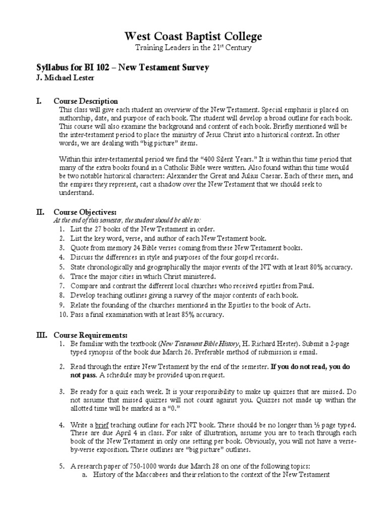 West Coast Baptist College: Syllabus For BI 102 - New Testament Survey ...