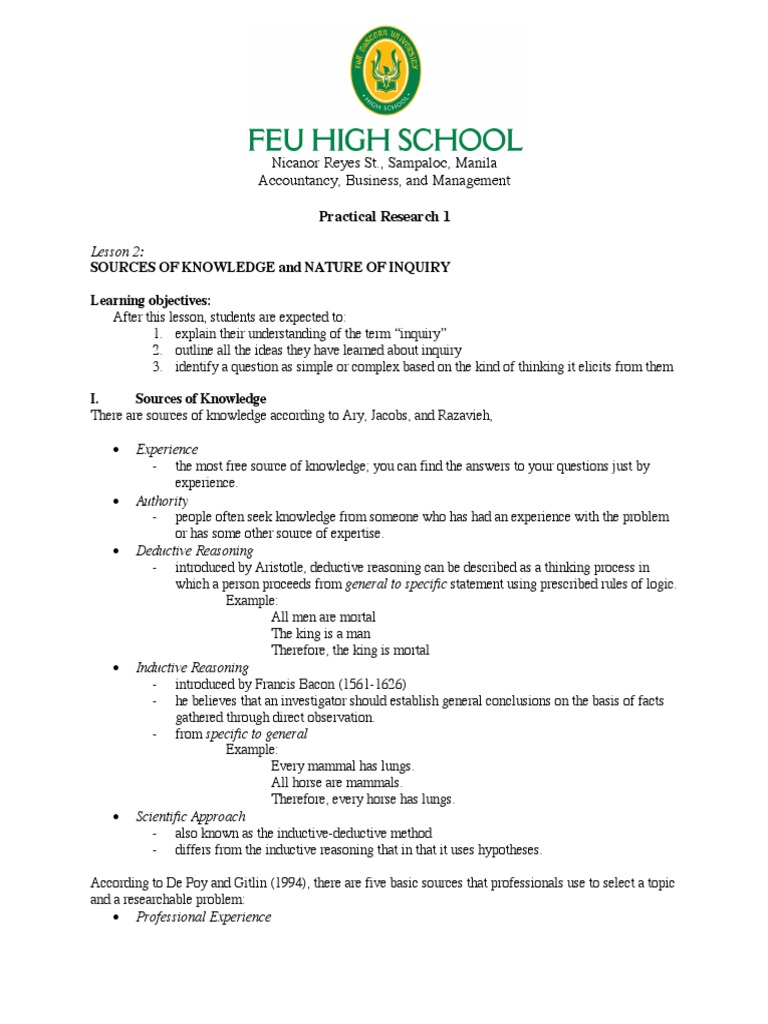 PR1 Lesson 2 Sources of Knowledge and Nature of Inquiry PDF | PDF | Inquiry | Reason