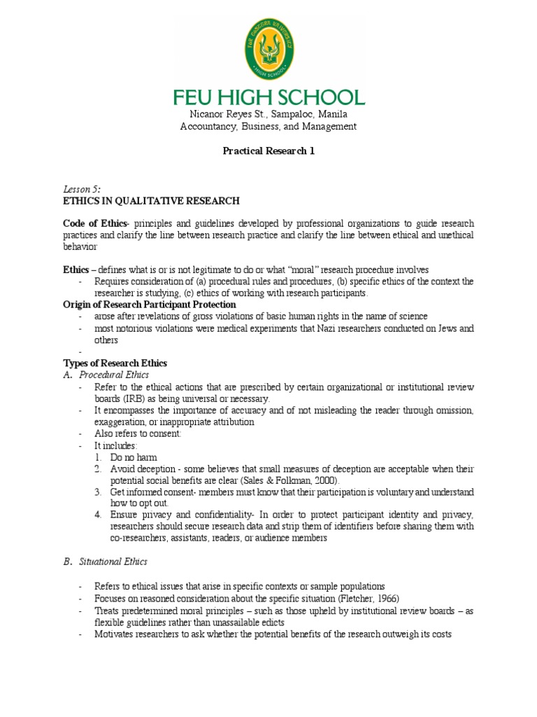 PR1 Lesson 6 Ethics in Qualitative Research PDF | PDF | Consent | Informed Consent