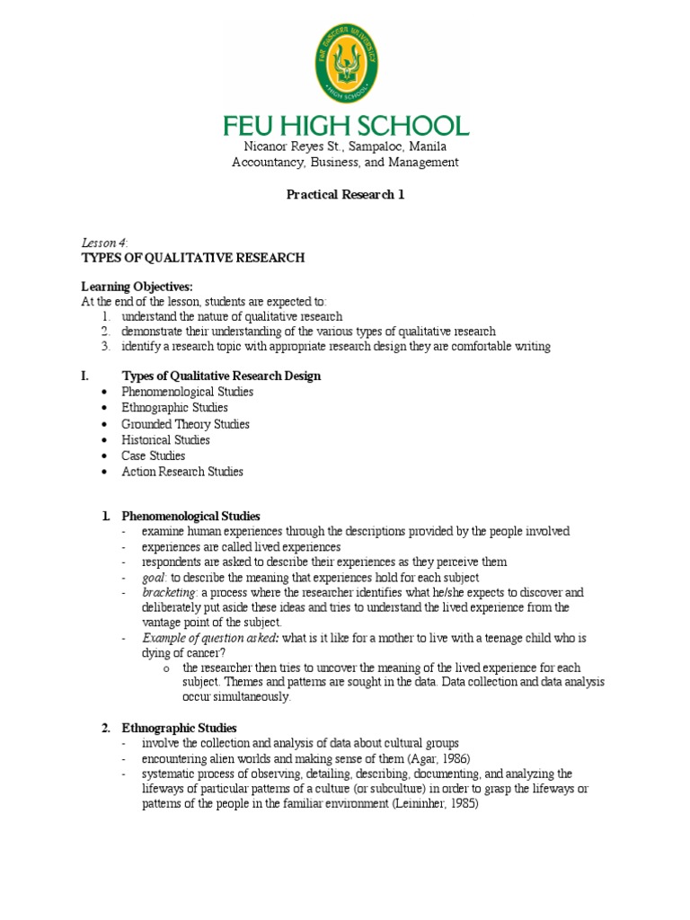 PR1 Lesson 4 Types of Qualitative Research PDF | PDF | Qualitative Research | Data