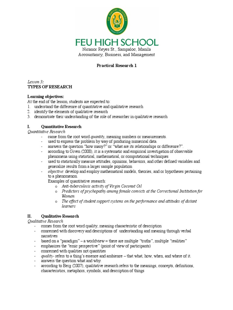 PR1 Lesson 3 Types of Research PDF | PDF | Quantitative Research | Qualitative Research