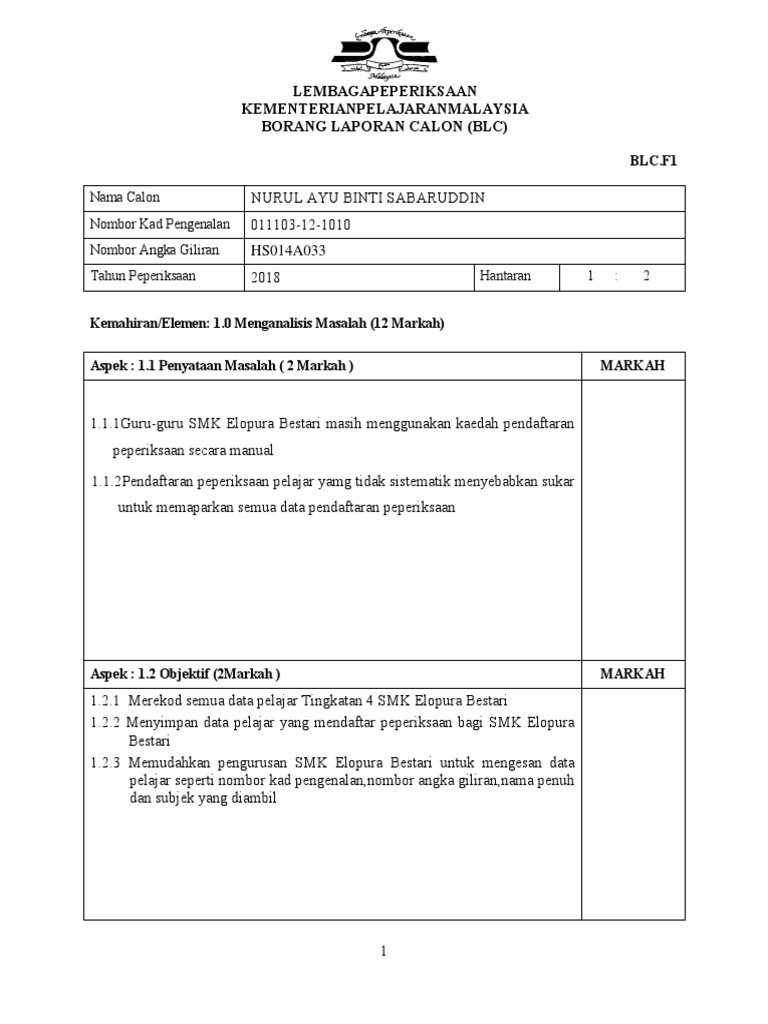Borang Laporan Calon (BLC) Nurul Ayu Sabaruddin | PDF
