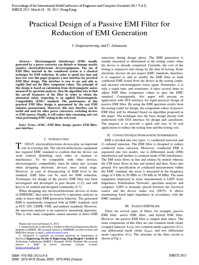 Practical Design of A Passive EMI Filter For Reduction of EMI ...