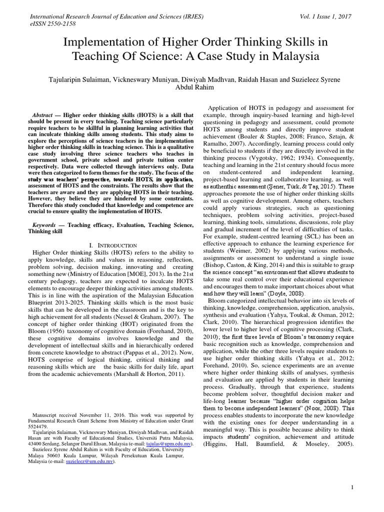 Higher Oder Thinking Skills | PDF | Project Based Learning | Teachers