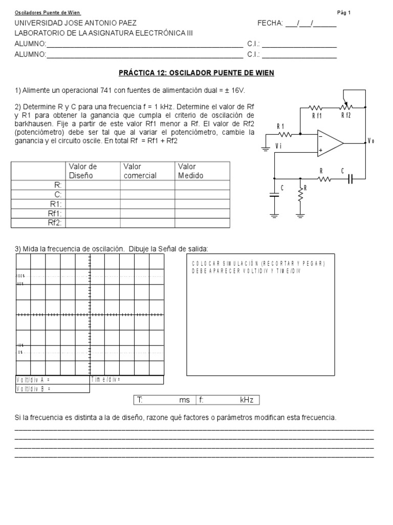 Práctica 12 - UJAP 2015-1 Oscilador Puente de Wien | PDF | Electricidad | Ingeniería Electrónica