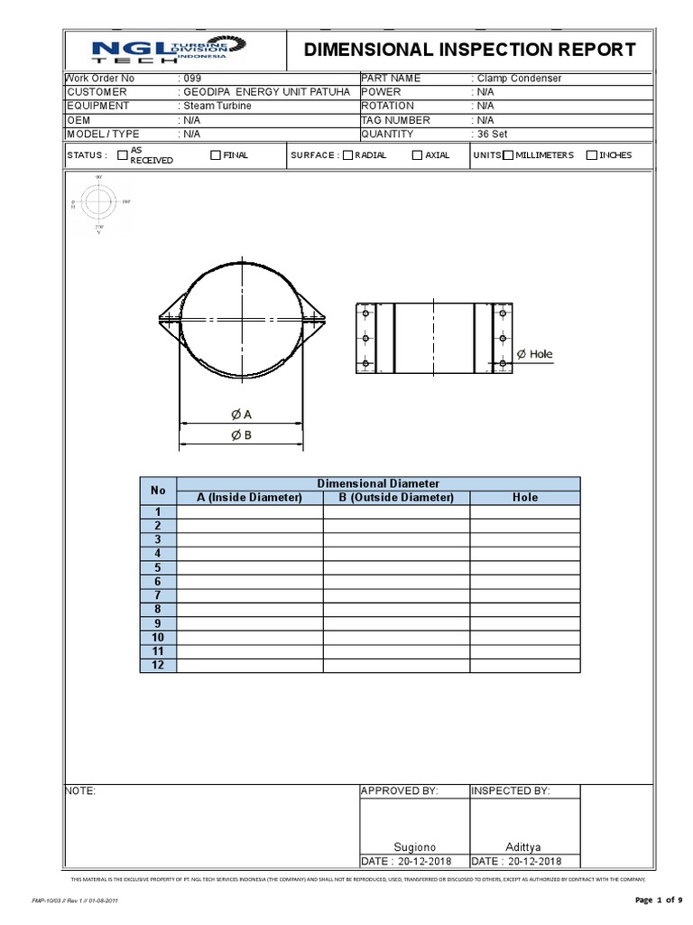 Dimensional Inspection Report: Status: Surface: Units: AS Received ...