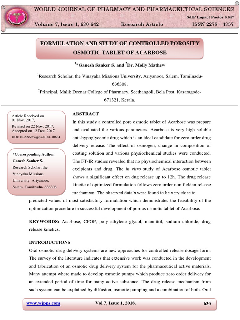 Formulation and Study of Controlled Porosity Osmotic Tablet of Acarbose ...