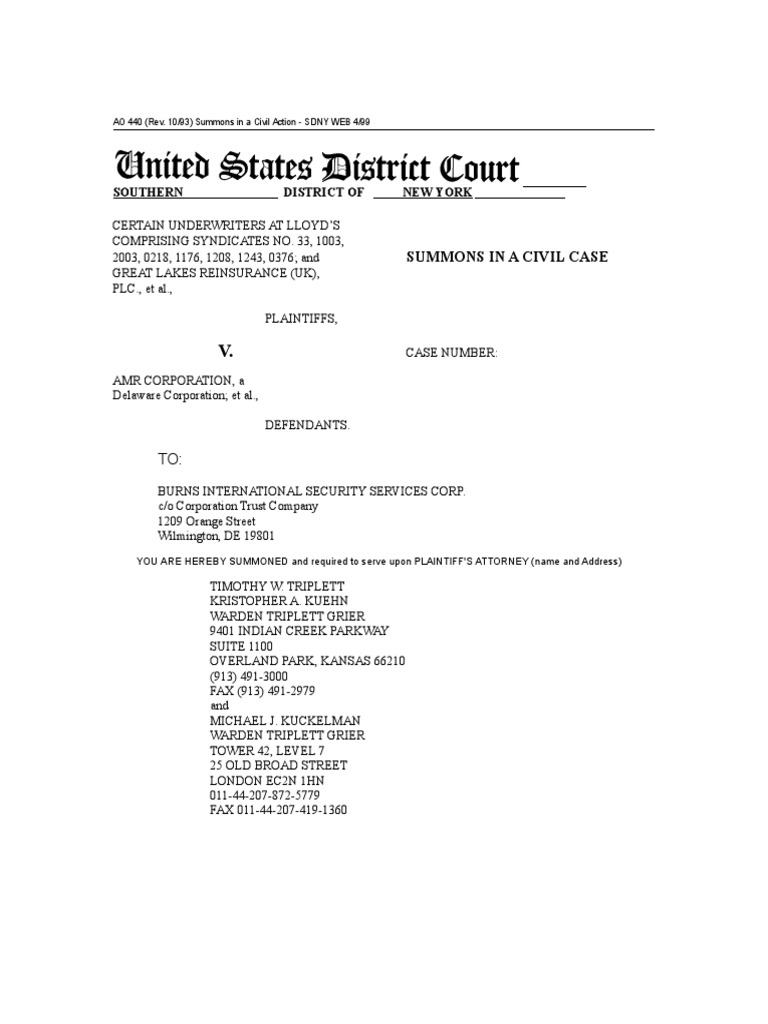 Southern New York: Summons in A Civil Case | PDF