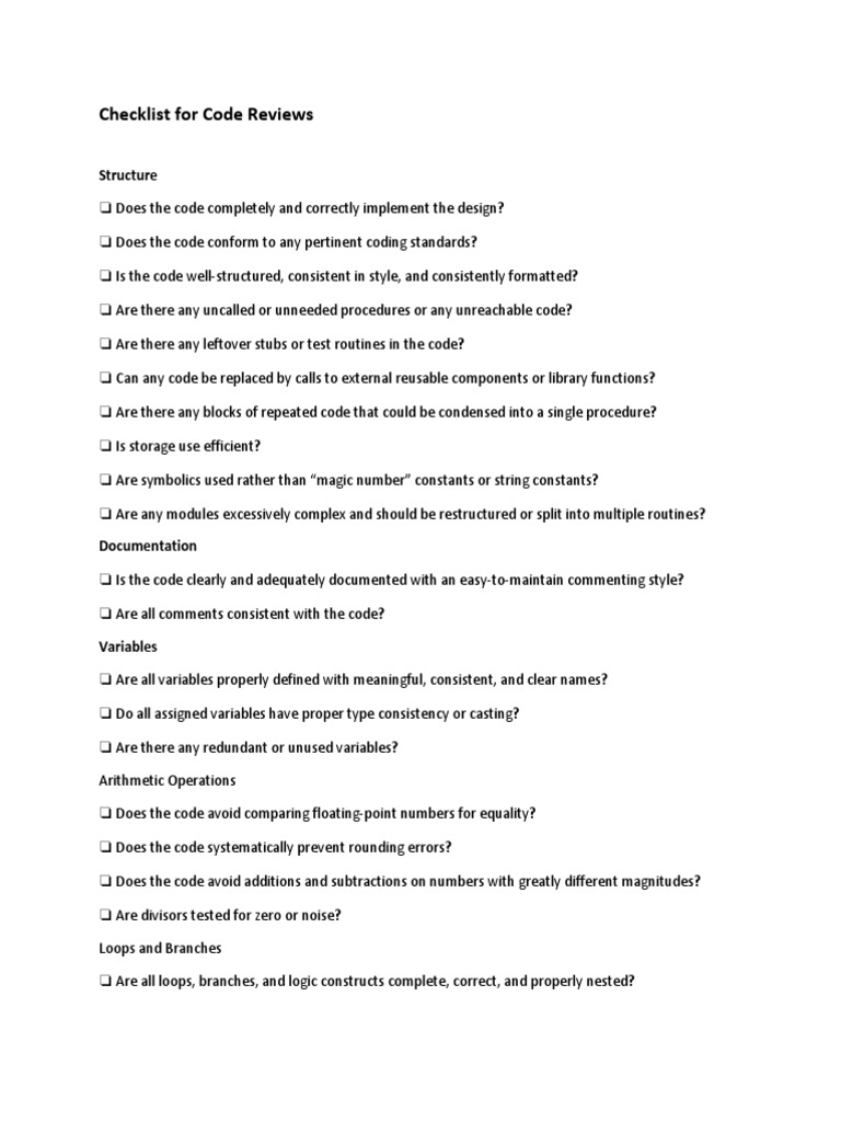 Checklist For Code Reviews | PDF | Control Flow | Variable (Computer Science)