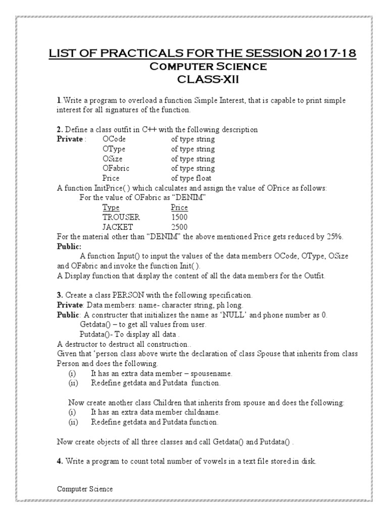 List of Practicals For The Session 2017-18 Computer Science Class-Xii ... List of Practicals For The Session 2017-18 Computer Science Class-Xii ...