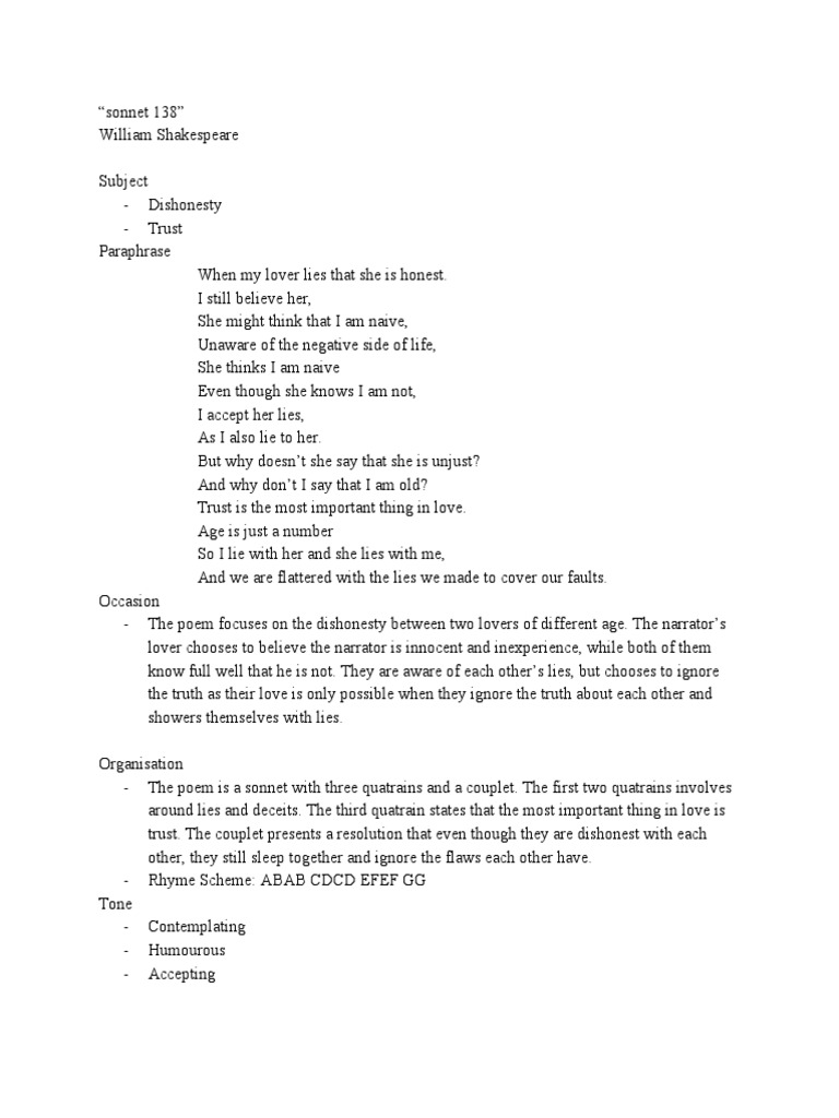 Sonnet 138 | PDF | Sonnets | Stanzaic Form