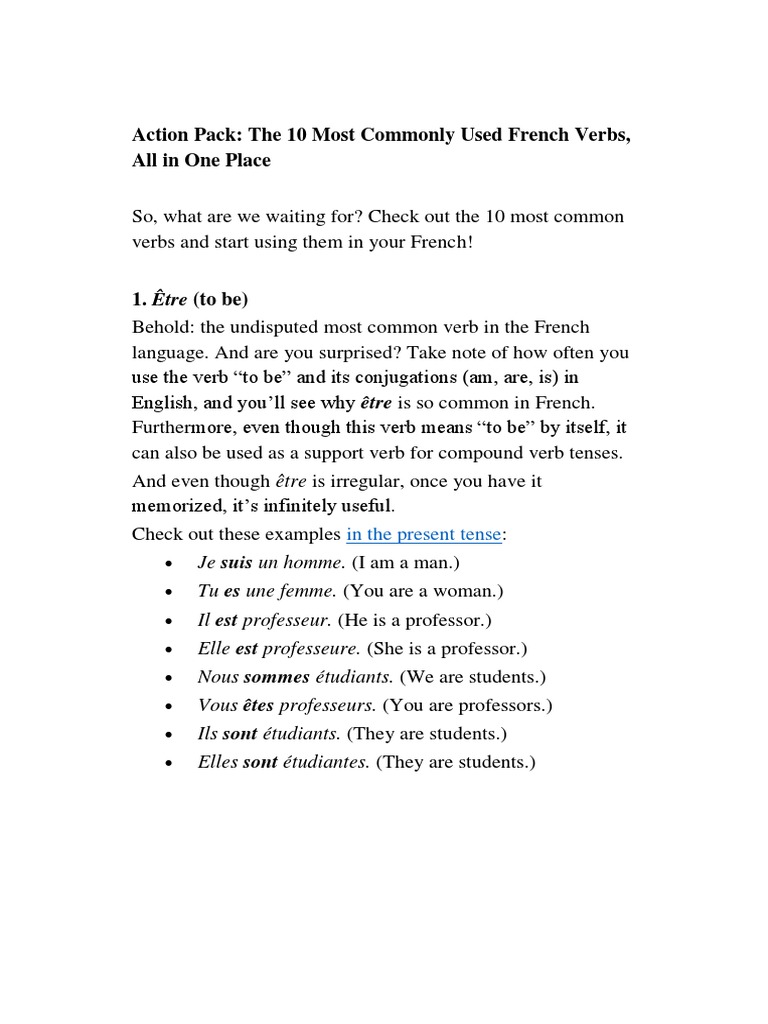 Top 10 Common French Verbs | PDF | Grammatical Conjugation | Syntax