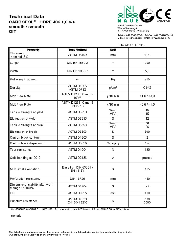 Technical Data: Carbofol HDPE 406 1,0 S/s Smooth / Smooth OIT | PDF | Materials Science ...
