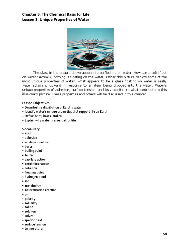A. Chapter 3 Lesson 1-Unique Properties of Water | PDF | Ph | Acid