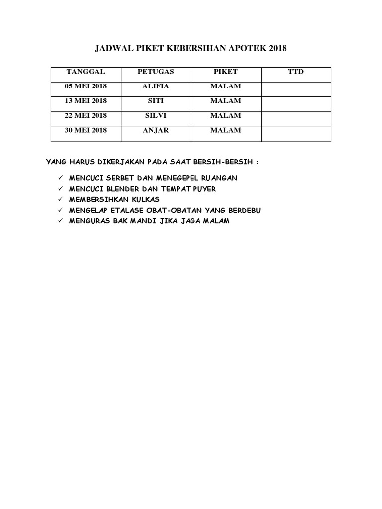Jadwal Kebersihan Apotek | PDF