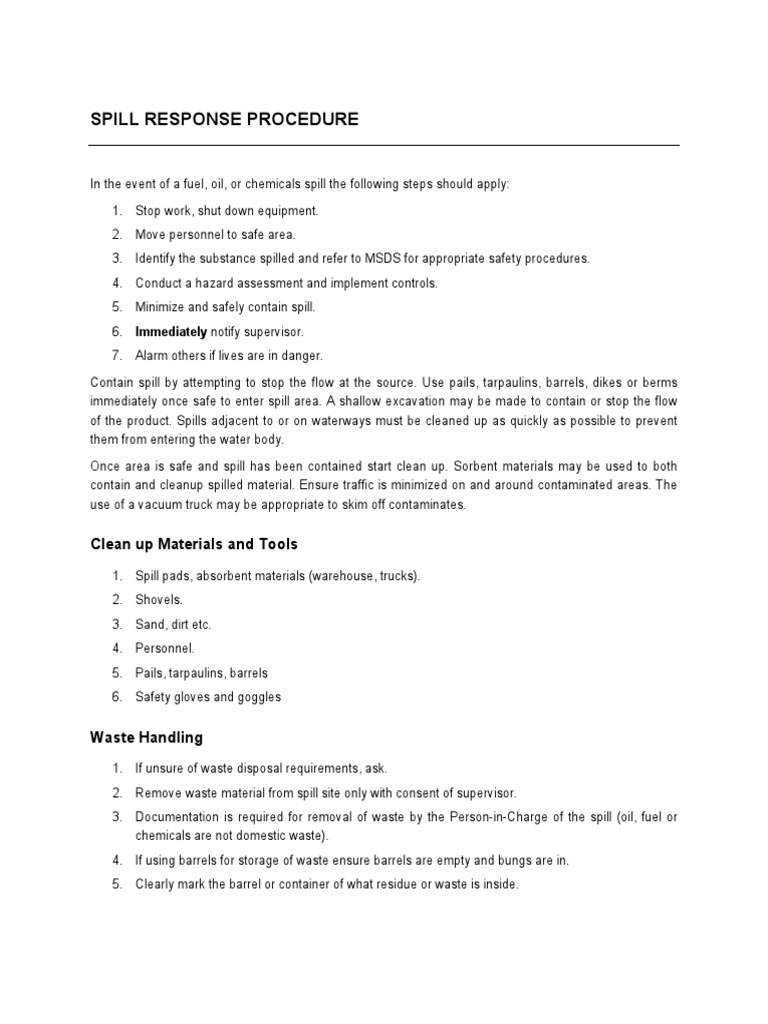 Spill Response Procedure: Immediately Notify Supervisor | PDF | Waste ...