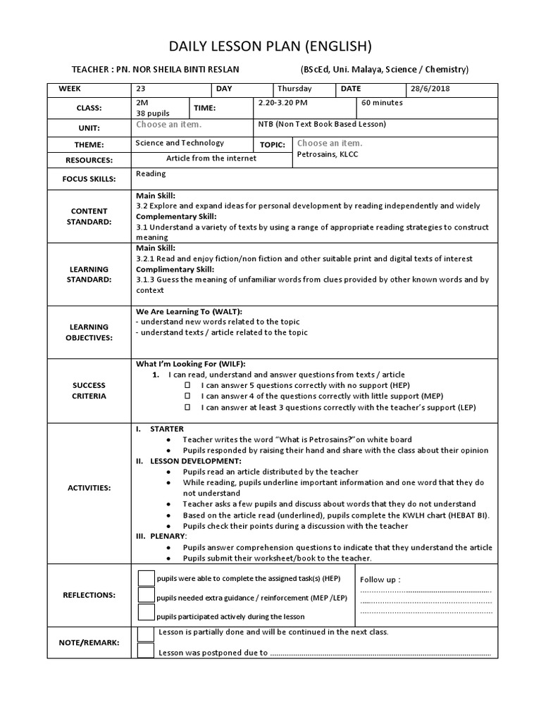 PAK 21 English Lesson Plan Form 2 | PDF