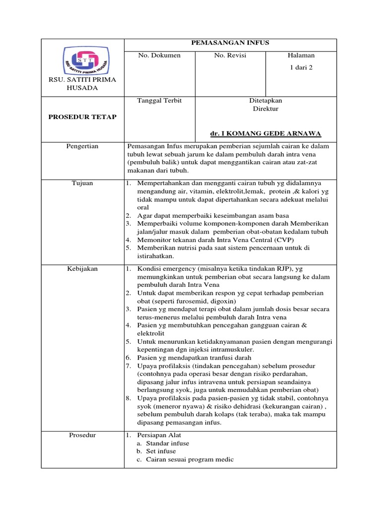 SOP Pemberian Cairan Melalui Infus | PDF