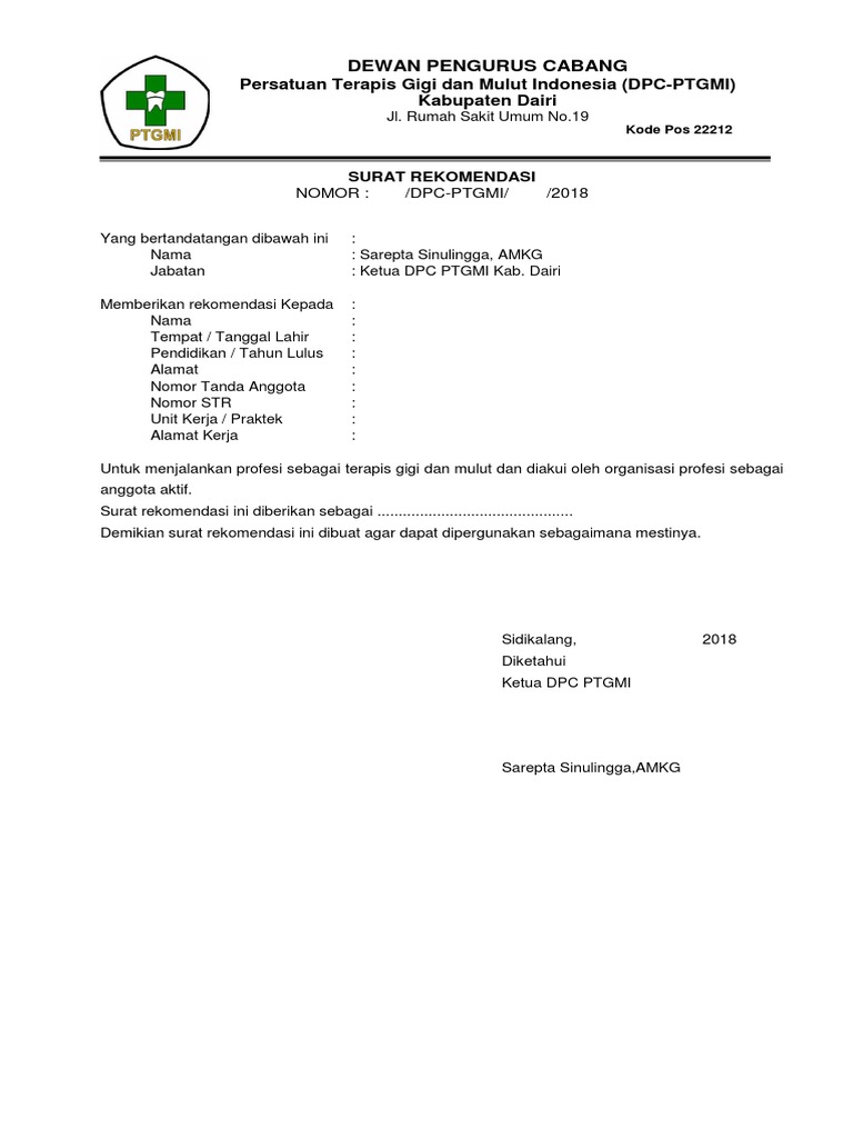 Surat Rekomendasi DPC Ptgmi | PDF