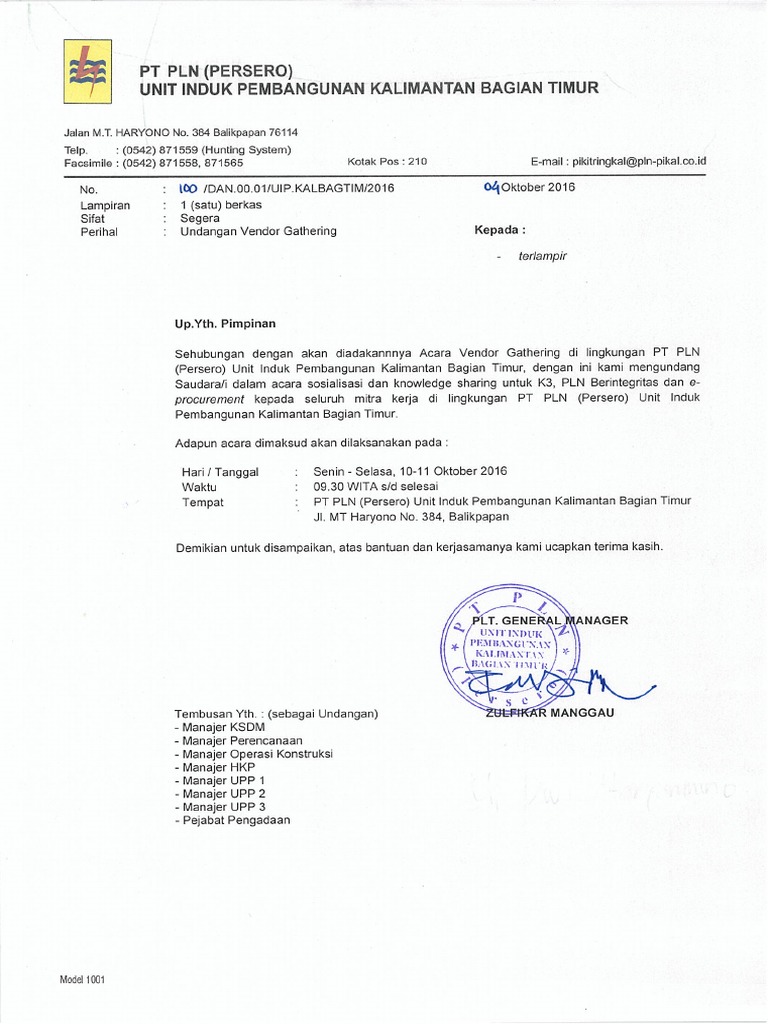 Undangan Vendor Gathering PT PLN (Persero) UIP KALBAGTIM | PDF