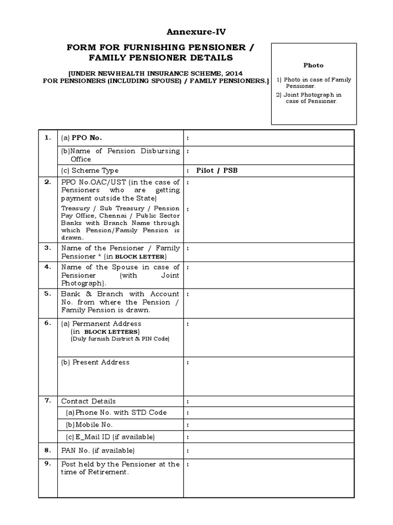 Annexure-IV Form For Furnishing Pensioner / Family Pensioner Details | PDF | Pension | Identity ...