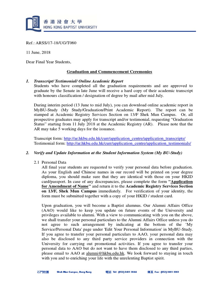 Graduation and Commencement Ceremonies: 1. Transcript/ Testimonial ...